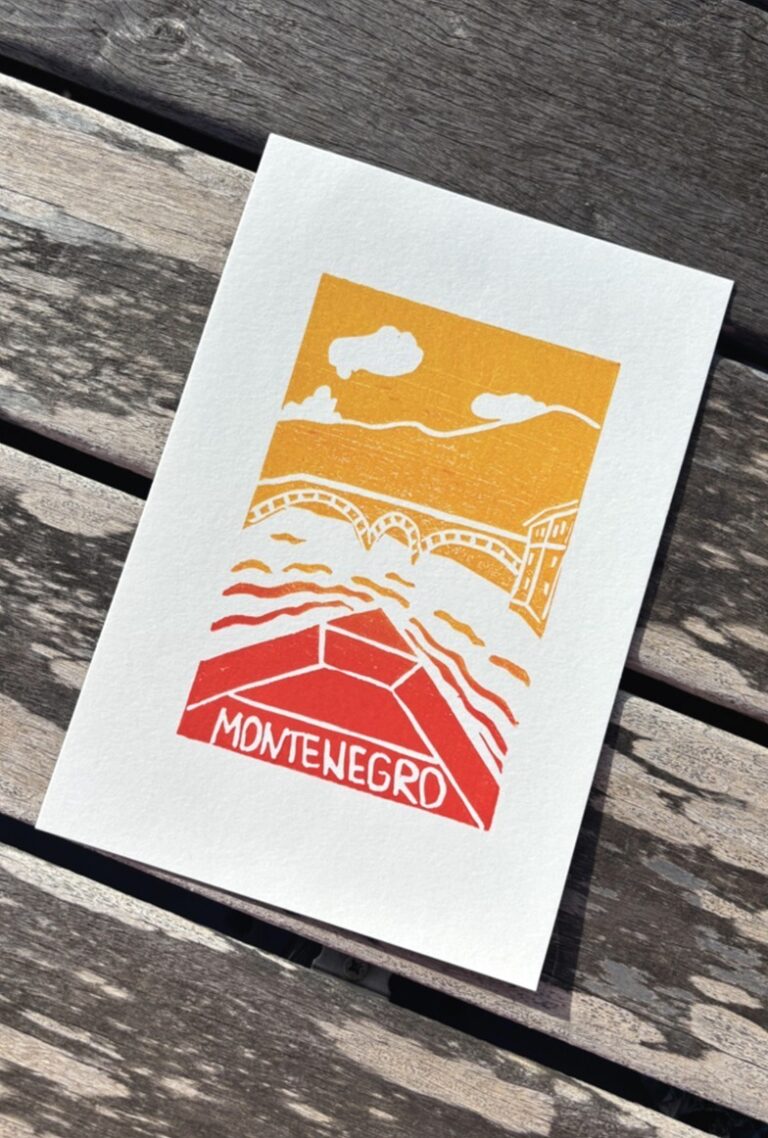 Denim Bucket Hat Bar Montenegro with Linocut Print - Belsbox